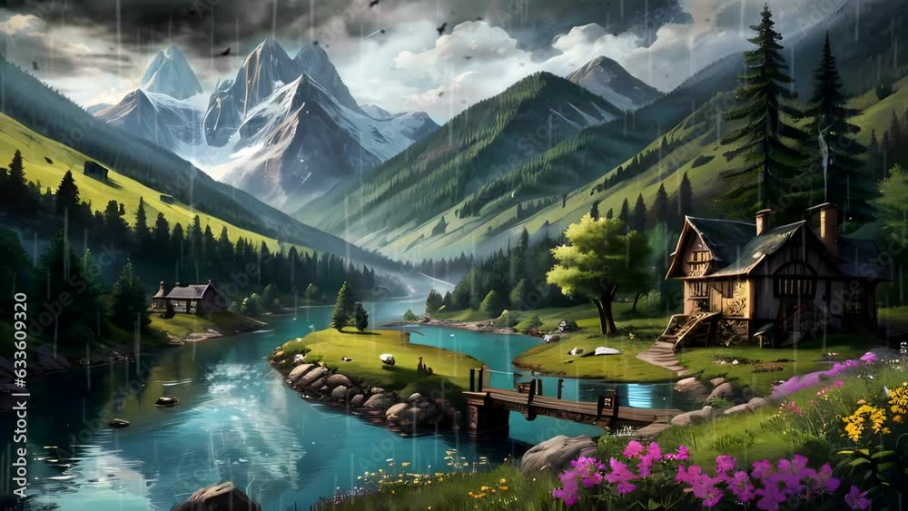 Fantasy beautiful natural landscape with traditional houses in mountain ...