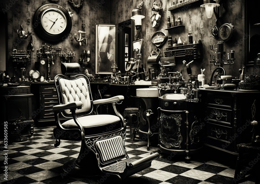 Monochrome Capture of an Old Barber Shop Interior with a Barber Chair ...
