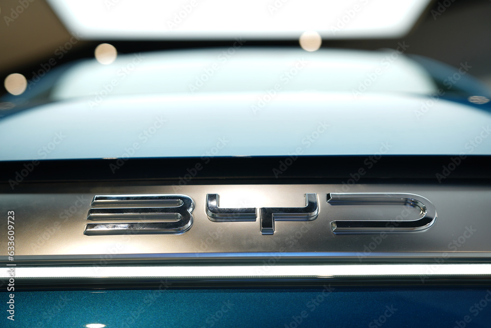 PENANG, MALAYSIA - 30 JULY 2023: Car logo of a BYD Build Your Dreams EV ...