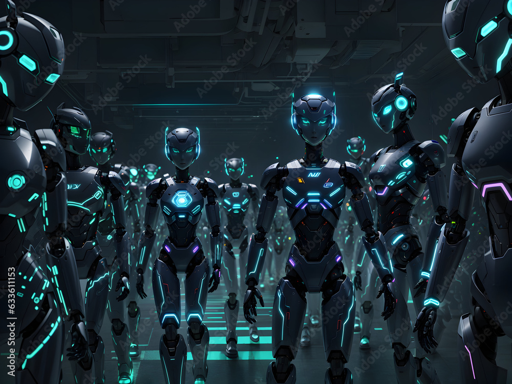 A sea of humanoid robots, their robotic bodies illuminated by the neon ...