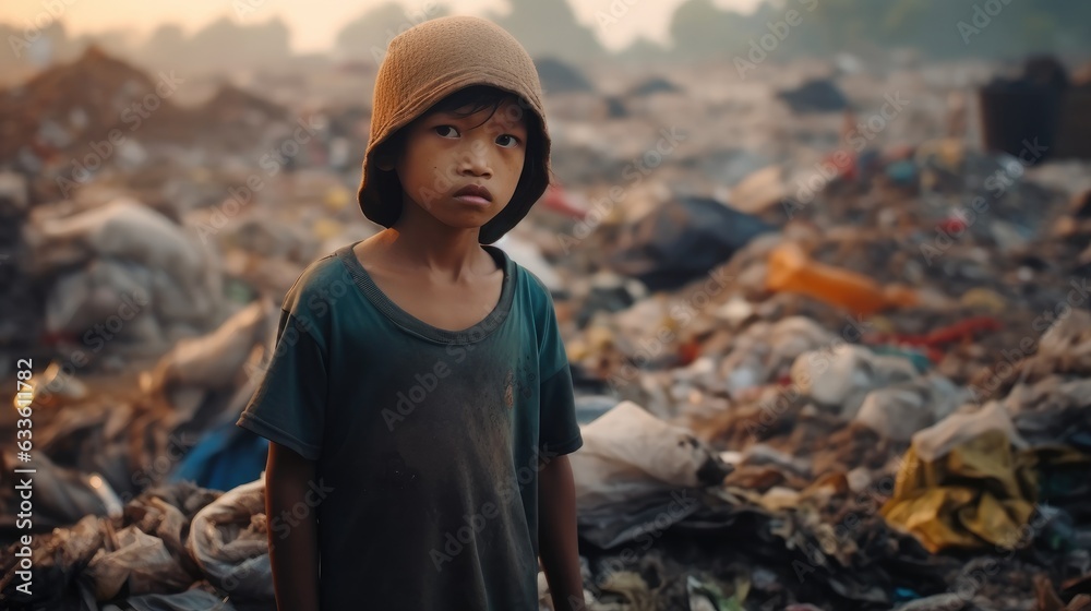 Poor homeless children in torn dirty clothes at the city garbage dump ...