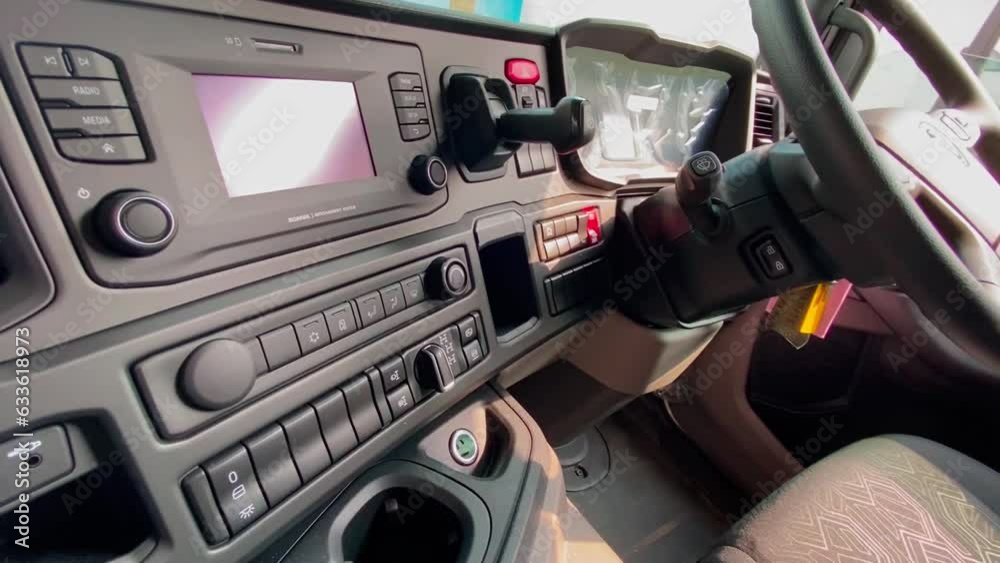 Dashboards of SCANIA P410 XT. Driver's cockpit and interior with ...