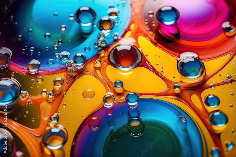 Iridescent liquid acrylic with bubbles surface. 3d background. Abstract ...