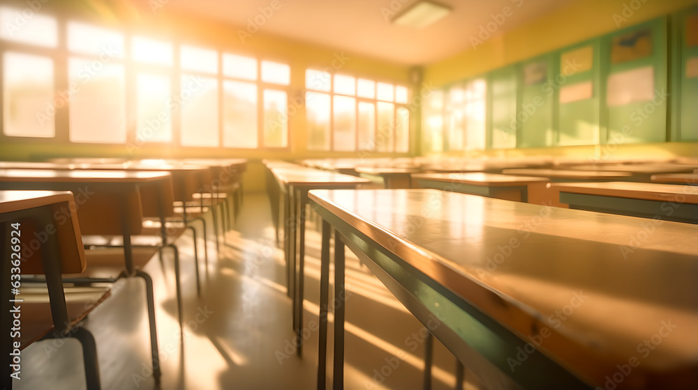 Empty school classroom without young student. Blurry view of elementary ...