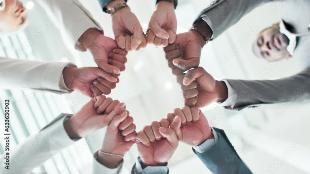 Business people, hands and fist bump for motivation, collaboration and corporate solidarity ...