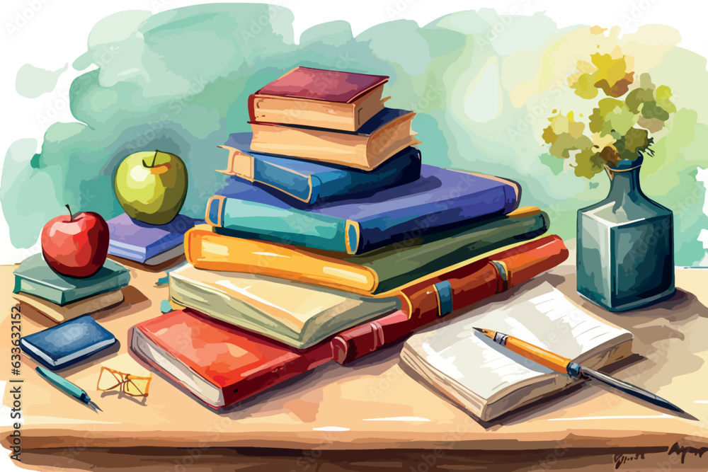 Watercolor school background Vintage books stacks and school supplies ...