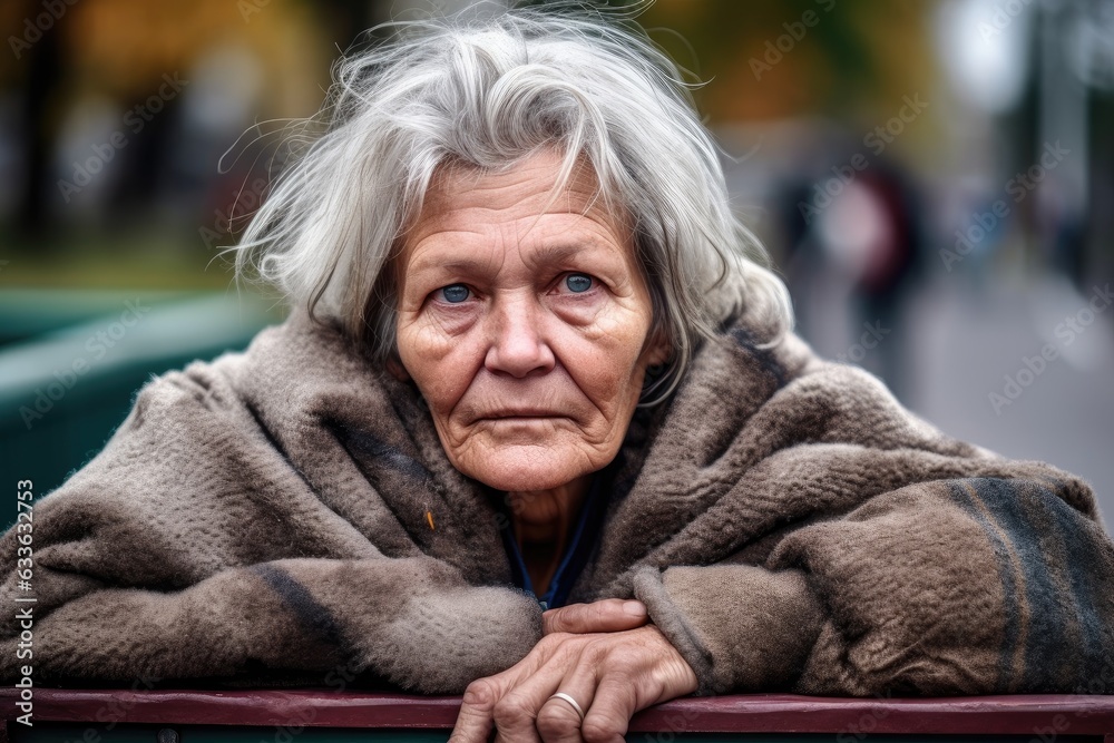 homeless woman, sad and portrait of homeless person with blanket in ...
