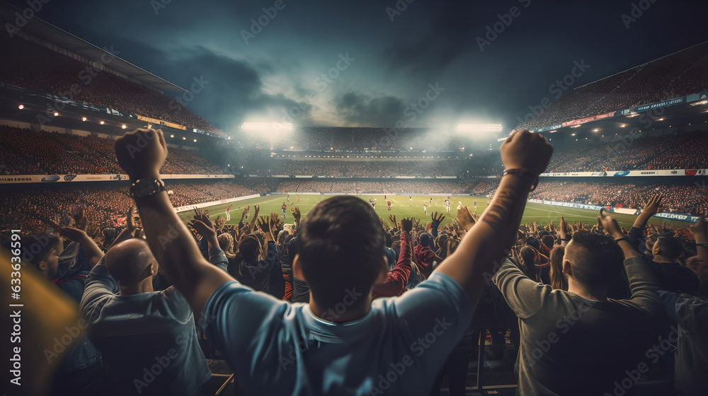 Back view of football, soccer fans cheering their team at crowded ...