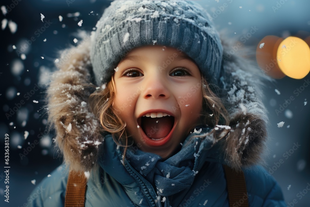 Funny excited little boy in blue winter clothes walks during a snowfall ...