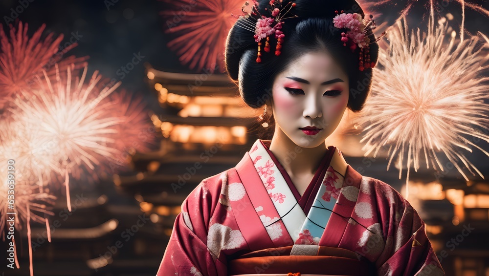 Beautiful Japanese Geisha in focus fireworks in background. generative ...