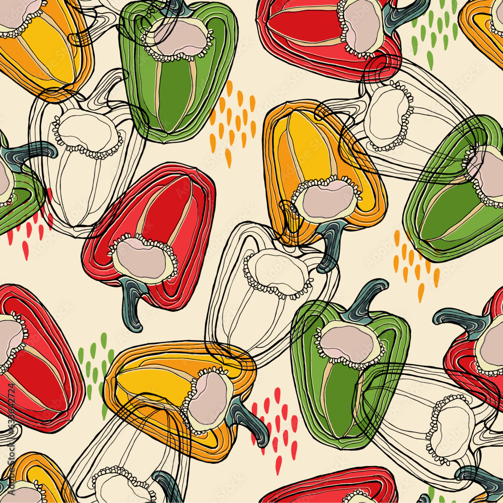 Peppers colorful background, hand drawn bell sweet peppers pattern ...