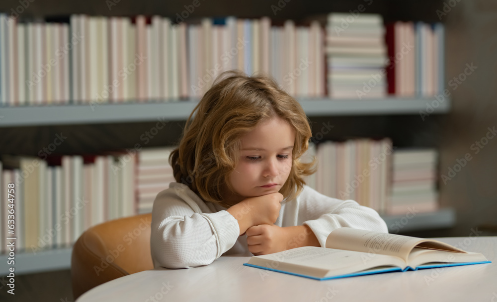 School boy doing homework on desk in school library. Pupil child ...