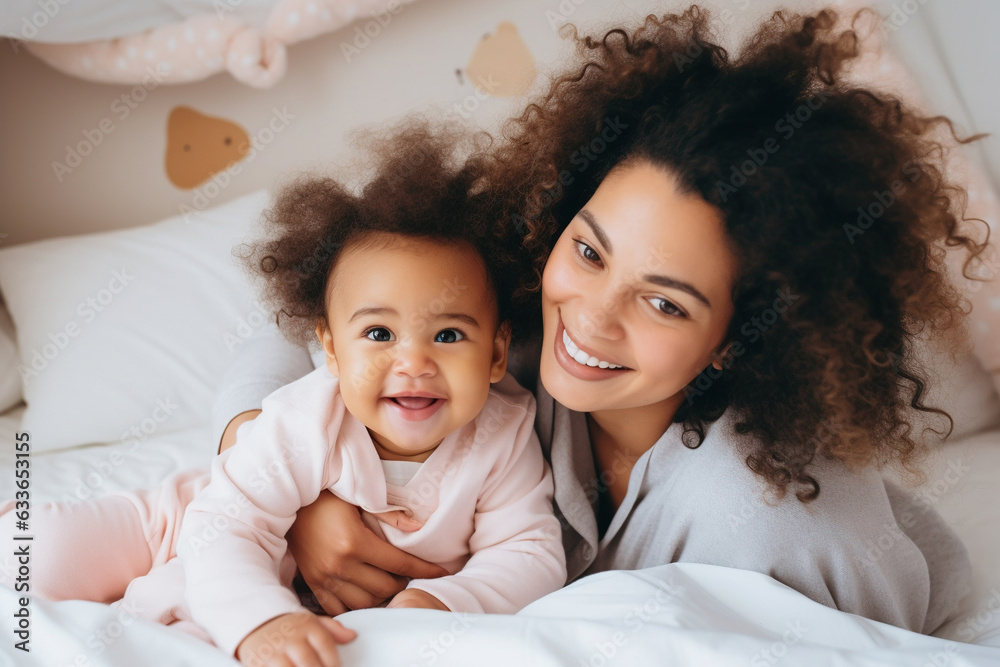 Multiracial diverse young family couple playing with cute baby child in ...