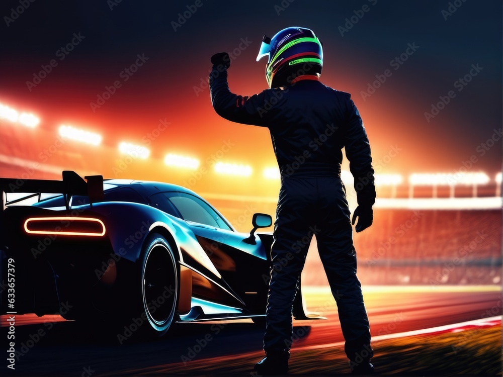 race car driver celebrating the win in a race against bright stadium ...