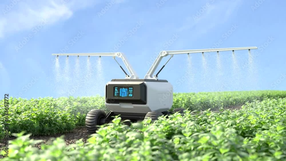 Agricultural robots work in smart farms, Robot spraying fertilizer in ...