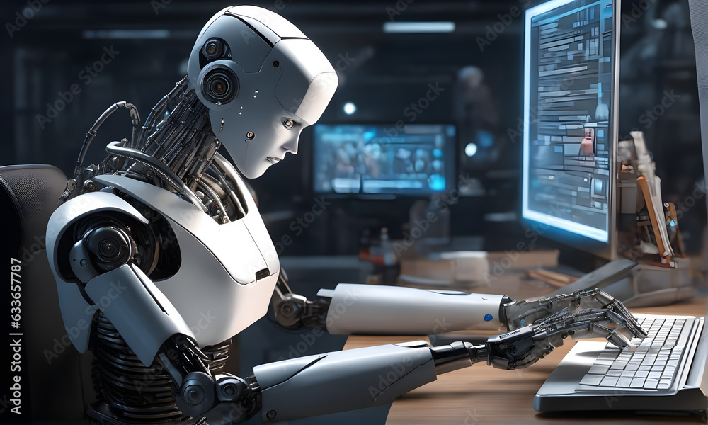 Robot Typing on a Computer, Artificial Intelligence in Business, Corporate AI Jobs, Chatbot ...
