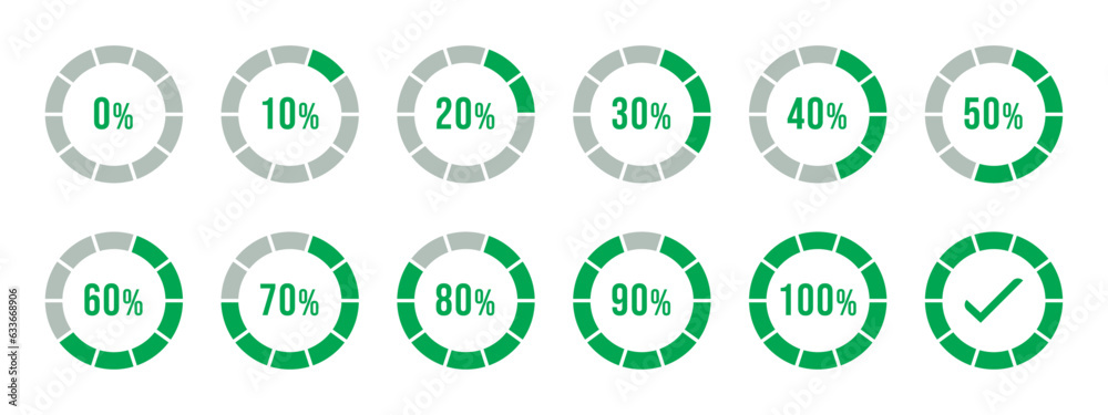 Percentage infographics in green color. Circle loading and circle ...