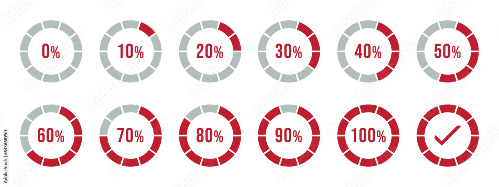 Percentage infographics in red color. Circle loading and circle ...