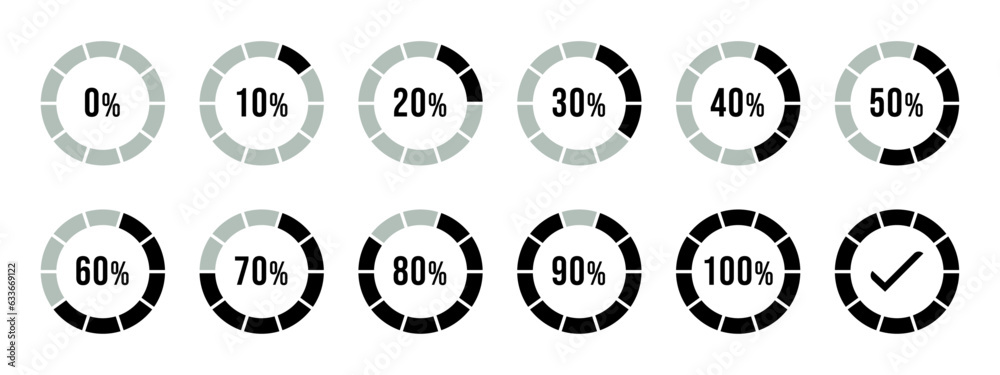 Percentage loading infographics in black color. Circle loading and ...