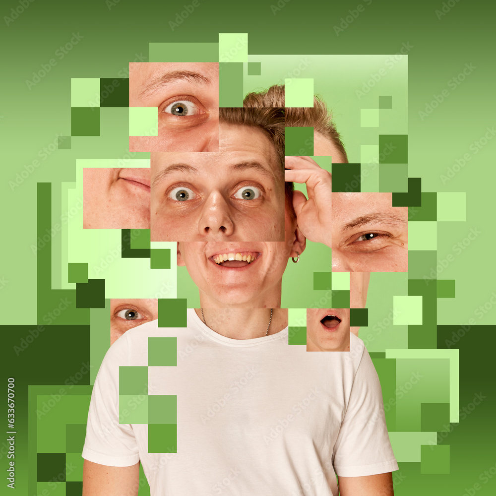 Young man expressing different facial expression on green background ...