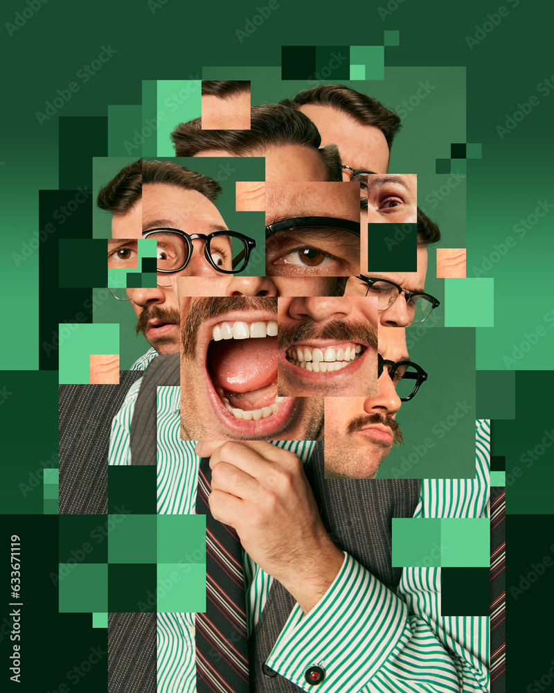 Businessman expressing various emotions on green background. Deadlines ...