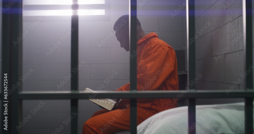 African American prisoner in orange uniform sits on bed behind bars ...