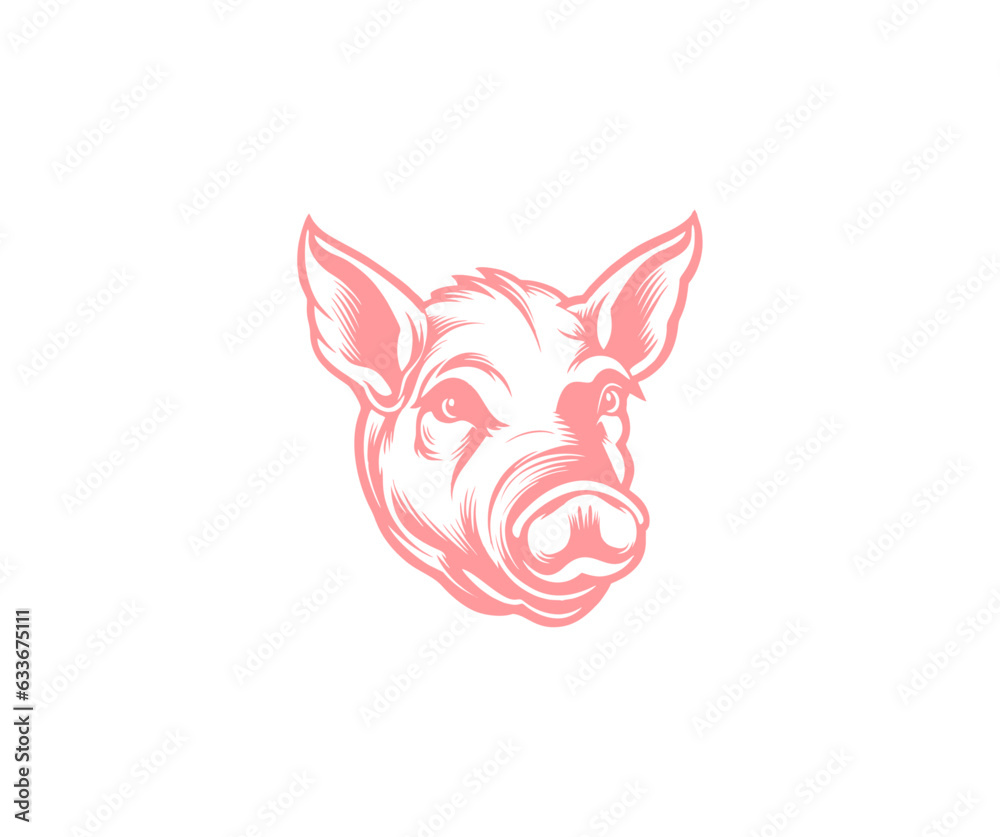 Portrait of pig head logo design. Farm fresh pork meat emblem, pig head ...