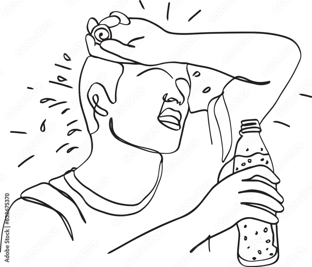 "Sketch Cartoon: Overheated Sportsman Holding Water Bottle, Water Break ...