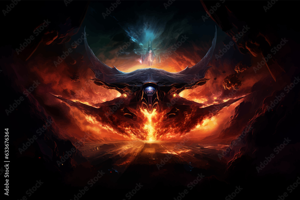Futuristic spaceship in the fire. Alien spaceship flying in deep space ...