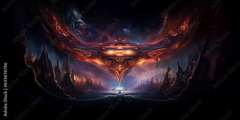 Futuristic spaceship in the fire. Alien spaceship flying in deep space ...