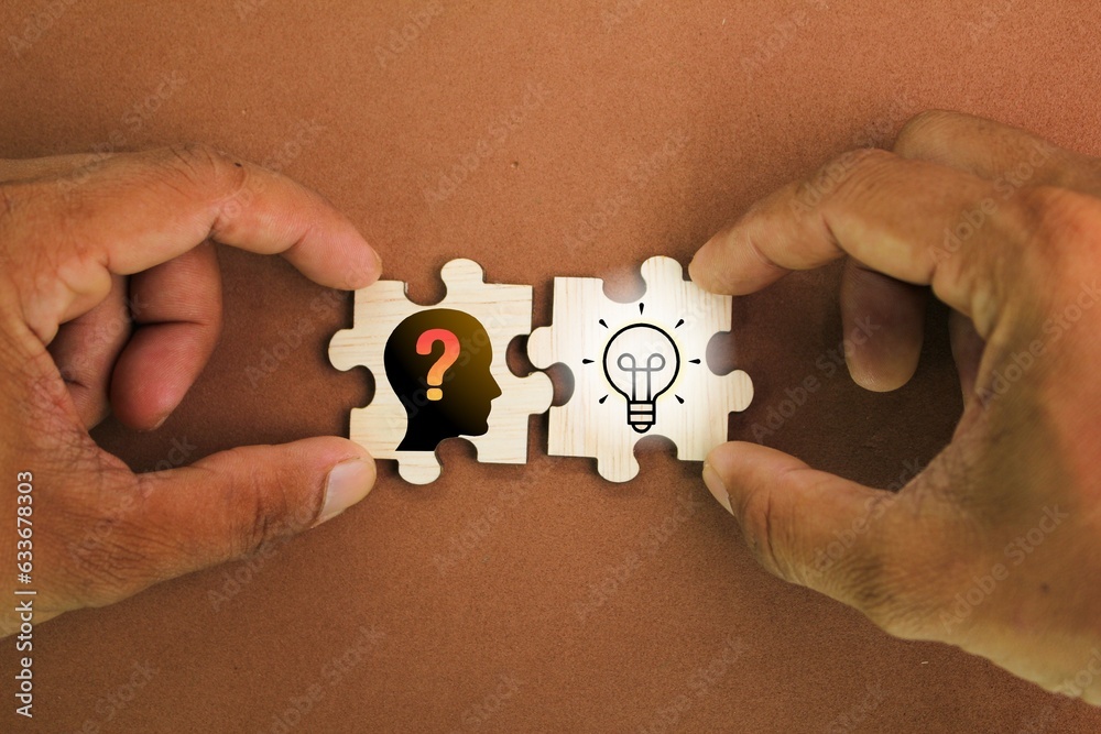 Question mark or problem and solution icon. completing final puzzle ...