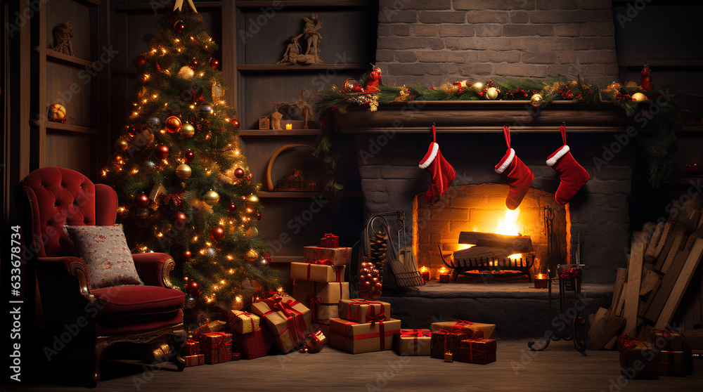 Christmas scene with Christmas tree, chair and fireplace Stock Photo ...