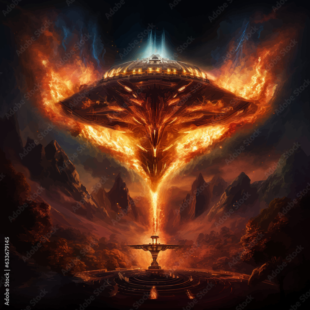 Futuristic spaceship in the fire. Alien spaceship flying in deep space ...