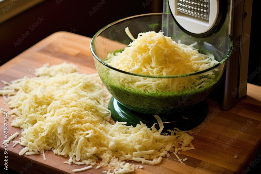 grating cheese in a food processor for pasta dish Stock Photo | Adobe Stock