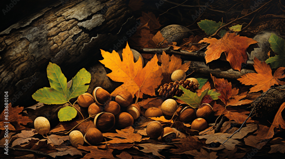 Autumn Abundance: A charming scene of walnuts and fallen leaves on the ...