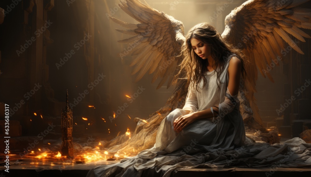 Holy girl angel praying at the altar in the temple.Created with AI ...