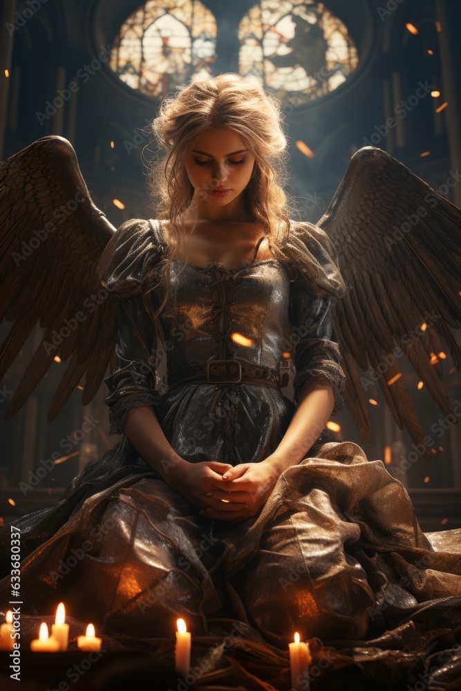 Holy girl angel praying at the altar in the temple.Created with AI ...