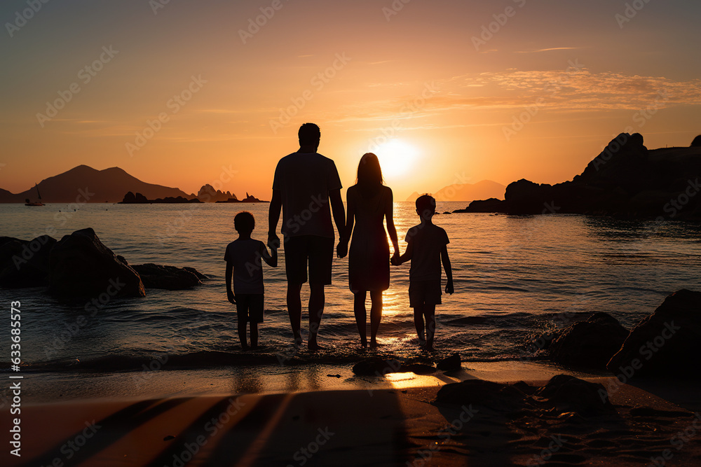 a silhouette photo of a lovely family on the beach. parents and their ...