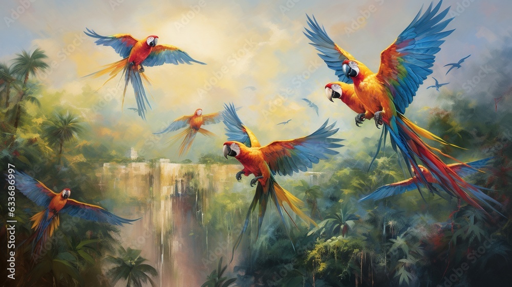 a painting of a group of parrots flying over a waterfall. generative ai ...