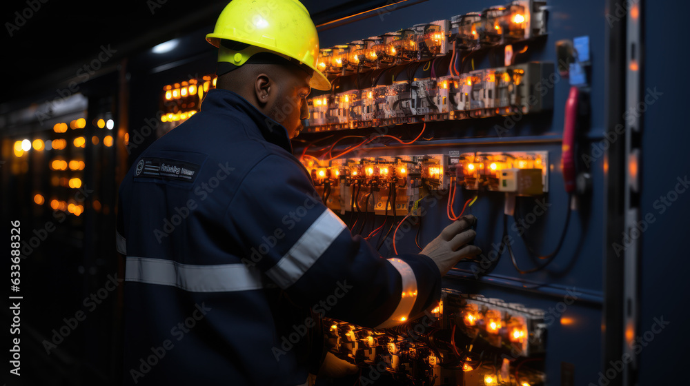 Electrician Conducting Maintenance on Electrical Panel with Safety Gear ...