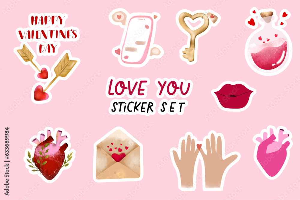 Cute Love sticker set. Beautiful printable vector stickers, hands ...