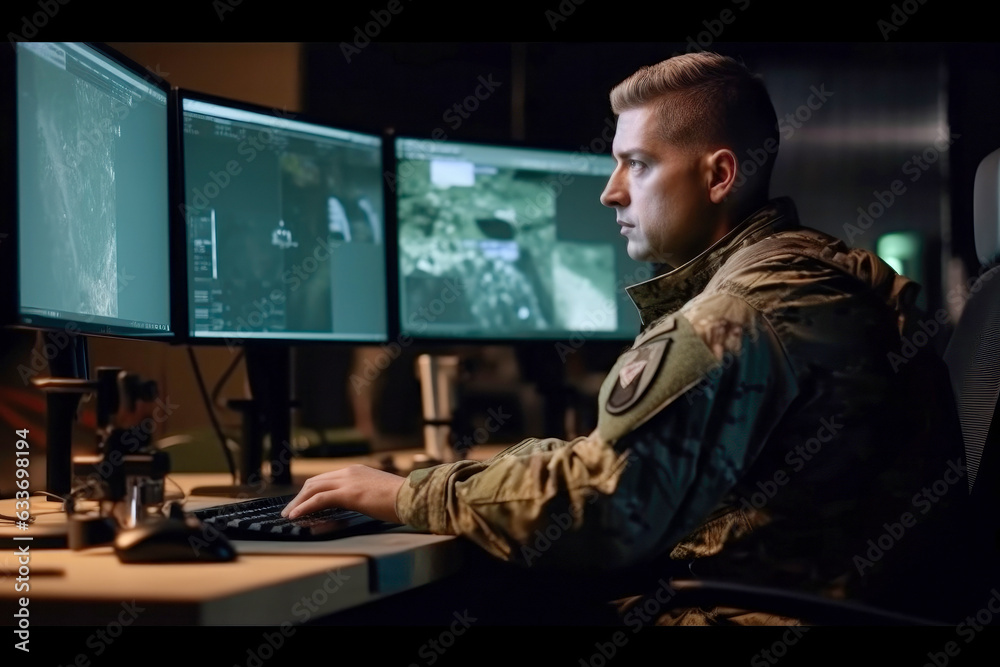 Military surveillance officer tracking operation in a central office ...