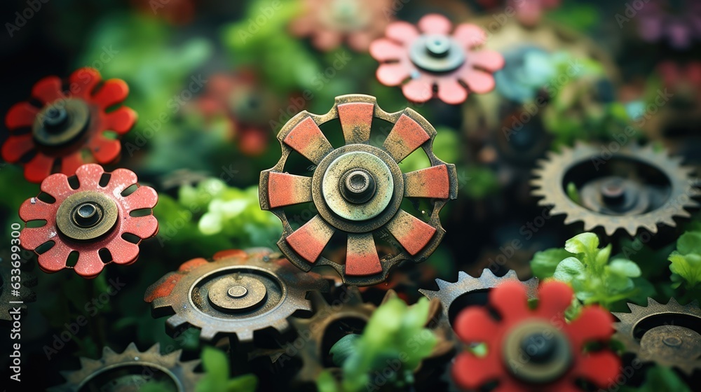 Garden sculptures of corroded green and red metal flowers made from ...