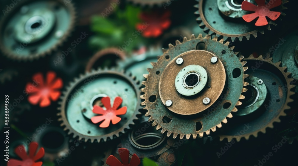 Garden sculptures of corroded green and red metal flowers made from ...