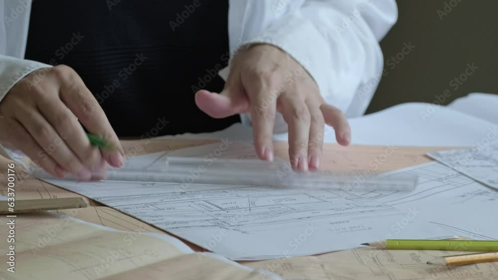 Architect using ruler and pencil to make blueprints on old paper ...