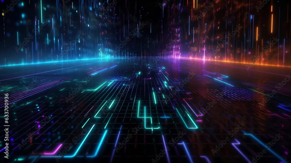 Neon glow multicolor laser beam lines pattern design, digital data flow ...