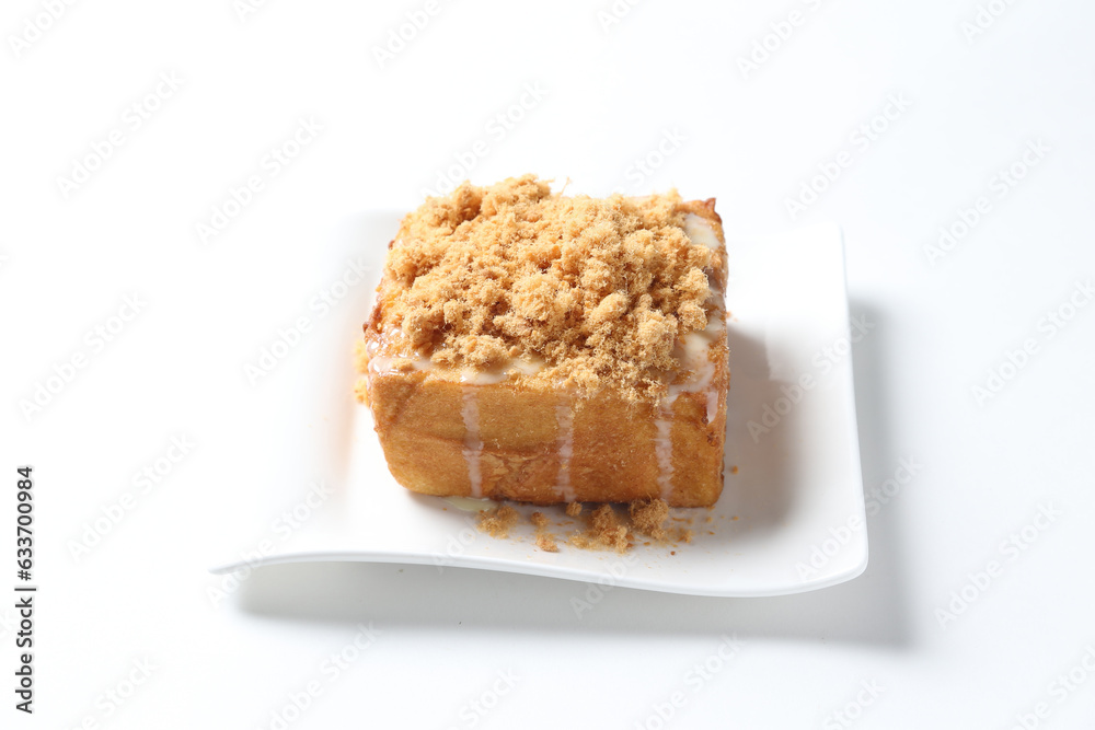 tall French square toast with chicken floss and butter milk salad sauce ...