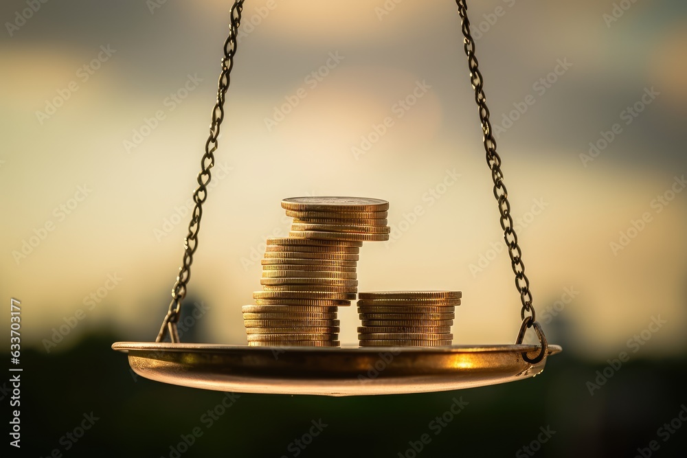 Stack of coins with a balance scale. Money management, financial ...