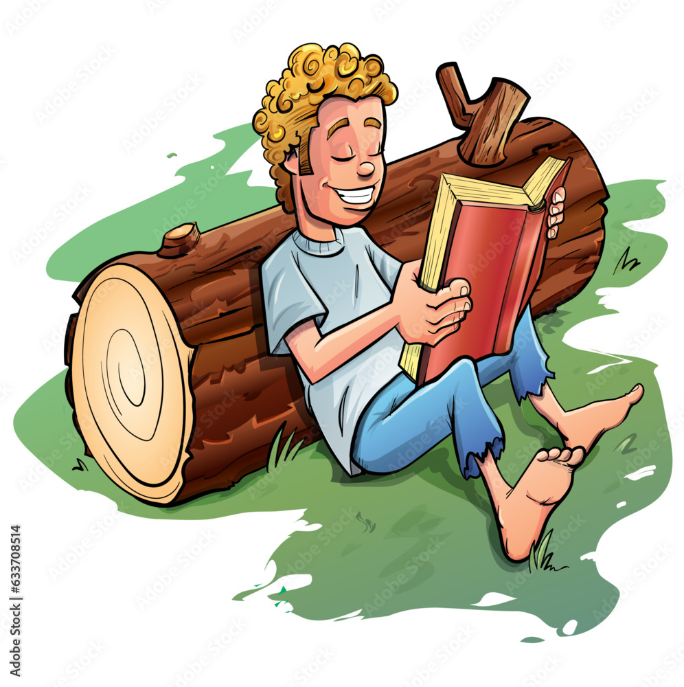 Cartoon boy reading a book. He is leaning on a log outside Stock Vector ...