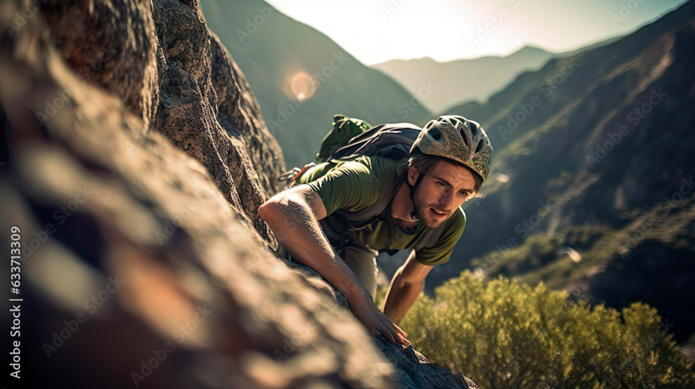 Professional climber mountaineer alpinist man in protective helmet with ...